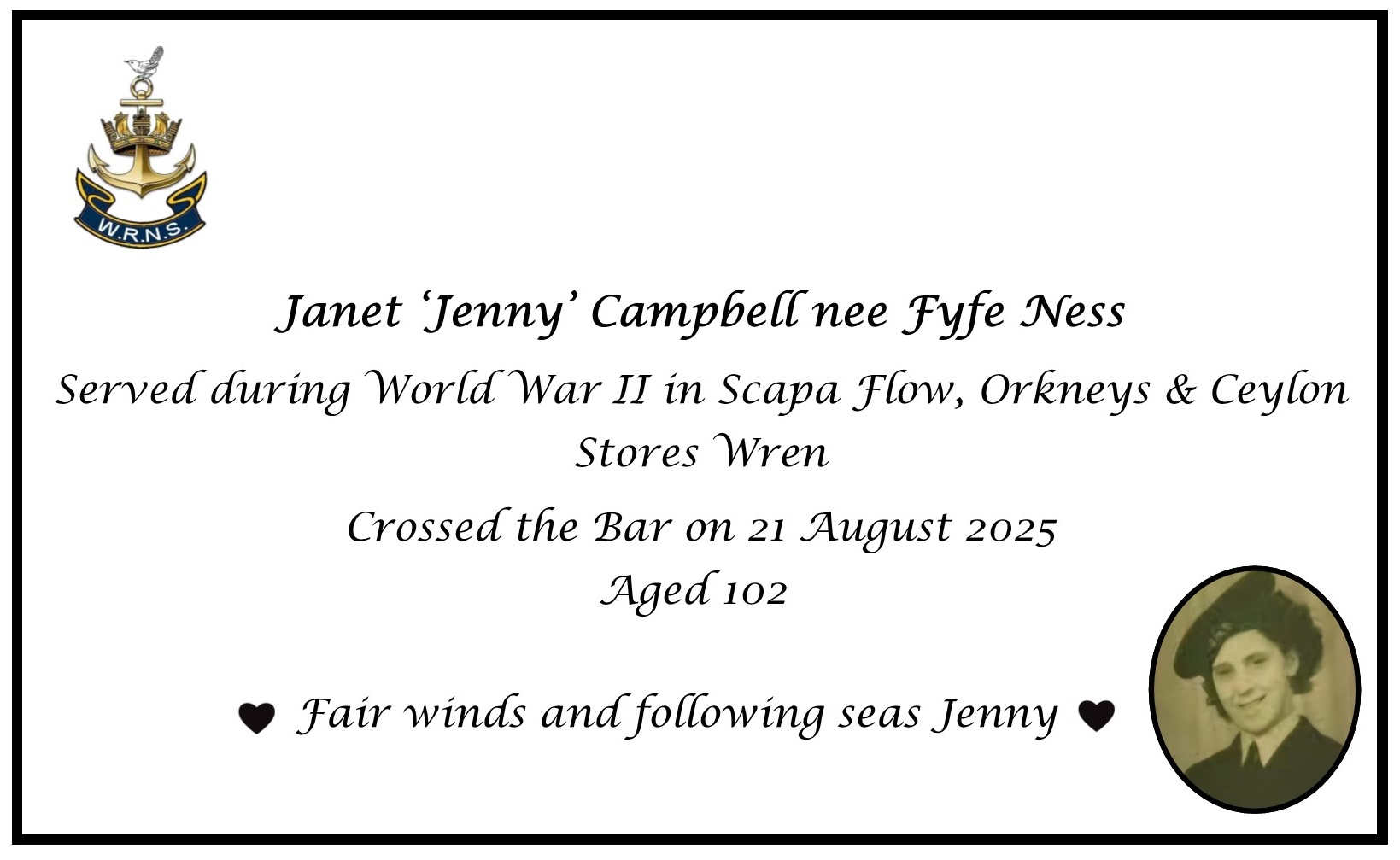 Janet 'Jenny' Campbell nee Fyfe Ness - Association of Wrens